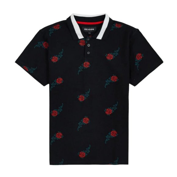 Reason | Shirts | Reason Rose Allover Print Polo Button Up Shirt Black ...